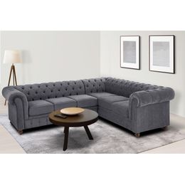 Chesterfield-Sofa Home Affaire "Chesterfield Ecksofa, auch in Leder L-Form", grau (anthrazit), B:250cm H:74cm T:210cm, Luxus-Microfaser (94% Polyester, 5% Nylon, 1% Spandex);Microfaser Antiklederoptik (100% Polyester);NaturLEDER (echtes italienisches Rindsleder), Sofas, hochwertige Knopfheftung, langer Schenkel links oder rechts wählbar