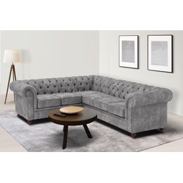 Chesterfield-Sofa Home Affaire "Chesterfield Ecksofa, auch in Leder L-Form", grau (hellgrau), B:250cm H:74cm T:210cm, Luxus-Microfaser (94% Polyester, 5% Nylon, 1% Spandex);Microfaser Antiklederoptik (100% Polyester);NaturLEDER (echtes italienisches Rindsleder), Sofas, hochwertige Knopfheftung, langer Schenkel links oder rechts wählbar