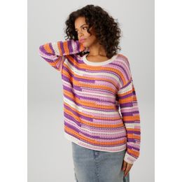 Strickpullover Aniston CASUAL, Damen, Gr. 38, bunt (wollwei&szlig;, rosa, lila, orange), Strick, Obermaterial: 50% Baumwolle, 50% Polyacryl, geringelt, gestreift, l&auml;ssig geschnitten h&uuml;ftlang, Rundhals, Rippstrickb&uuml;ndchen, Pullover Strickpullover, im extravagantem Streifen-Dessin