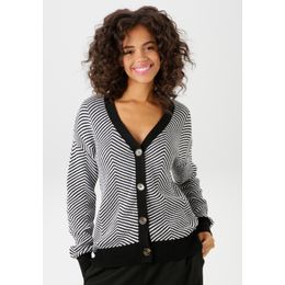 Strickjacke Aniston CASUAL, Damen, Gr. 46, schwarz-wei&szlig; (schwarz, wei&szlig;), Strick, Obermaterial: 100% Baumwolle, Fischgratmuster, gemustert, l&auml;ssig geschnitten h&uuml;ftbedeckend, V-Ausschnitt, Strickb&uuml;ndchen, Strickjacken Strickjacke, im trendigem Fischgrat-Muster