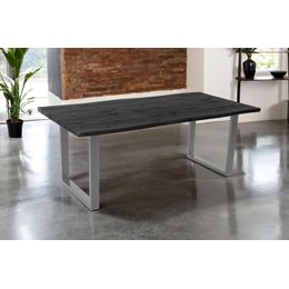 Esstisch 200x100 cm Baumkante Holz Grau-Optik U-Gestell Metall silber JOSY