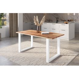 Baumkantentisch Akazie natur mit schwarzen Resin-Adern 140 x 80 cm U-Gestell weiß POLLY