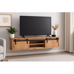 Wandboard 130x25x37 cm Baumkante Akazienholz massiv natur gusseiserne Elemente LIAN I