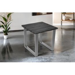Esstisch 80x80 cm Baumkante Holz Grau-Optik U-Gestell Metall silber JOSY