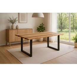 Baumkantentisch 180 x 90 cm Akazie natur Epoxidharz-River in Schwarz U-Gestell schwarz PEDRO
