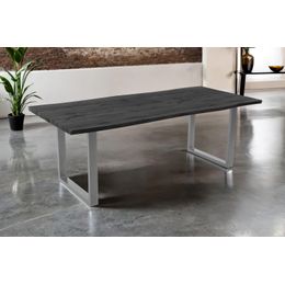 Esstisch 220x100 cm Baumkante Holz Grau-Optik U-Gestell Metall silber JOSY