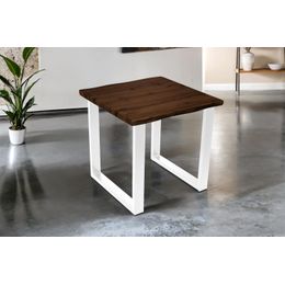 Esstisch 80x80 cm Baumkante Holz Nussbaum-Optik U-Gestell Metall weiß JOSY