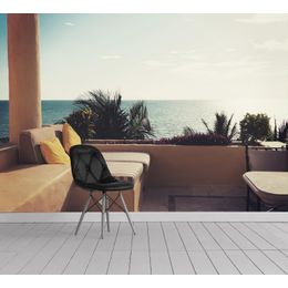 Fototapete queence "Terrasse am Meer", gold (goldfarben), B:360m H:250m, Vinyl, Tapeten, Wandpaneele, selbstklebend, Tapete, Sticker, Wanddeko, XXL-Fotomotiv