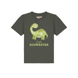 watabout.kids T-Shirt 'Dinosaurier 04 Gro&szlig;e Schwester' Jungen Gr&ouml;&szlig;e 122/128 khaki / hellgr&uuml;n