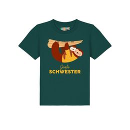 watabout.kids T-Shirt 'Faultier Gro&szlig;e Schwester' Jungen Gr&ouml;&szlig;e 152/158 dunkelgr&uuml;n / orange / bordeaux