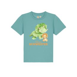 watabout.kids T-Shirt 'Dinosaurier 07 Kleine Schwester' Jungen Gr&ouml;&szlig;e 110/116 t&uuml;rkis / hellgr&uuml;n / orange
