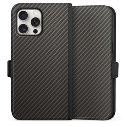 DeinDesign iPhone 15 Pro Max Handy Klapph&uuml;lle Handyh&uuml;lle aus Kunst Leder schwarz Flip Case Carbon Metallic Look Muster Sideflip mit Lasche