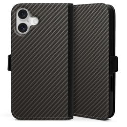 DeinDesign iPhone 16 Plus Handy Klapph&uuml;lle Handyh&uuml;lle aus Kunst Leder schwarz Flip Case Carbon Metallic Look Muster Sideflip mit Lasche