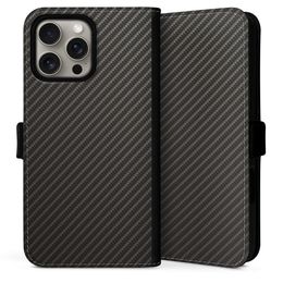 DeinDesign iPhone 16 Pro Handy Klapph&uuml;lle Handyh&uuml;lle aus Kunst Leder schwarz Flip Case Carbon Metallic Look Muster Sideflip mit Lasche