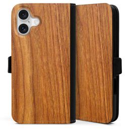 DeinDesign iPhone 16 Plus Handy Klapph&uuml;lle Handyh&uuml;lle aus Kunst Leder schwarz Flip Case Larch Wood Wooden Look Sideflip mit Lasche