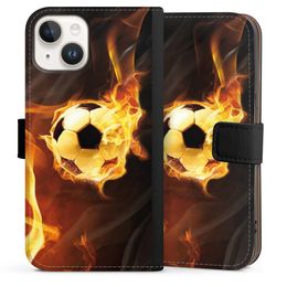 DeinDesign iPhone 14 Handy Klapph&uuml;lle Handyh&uuml;lle aus Kunst Leder schwarz Flip Case Soccer Ball Fire Sideflip mit Lasche