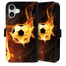 DeinDesign iPhone 16 Plus Handy Klapph&uuml;lle Handyh&uuml;lle aus Kunst Leder schwarz Flip Case Soccer Ball Fire Sideflip mit Lasche