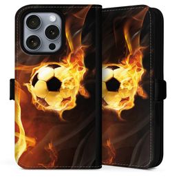 DeinDesign iPhone 16 Pro Max Handy Klapph&uuml;lle Handyh&uuml;lle aus Kunst Leder schwarz Flip Case Soccer Ball Fire Sideflip mit Lasche