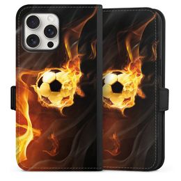 DeinDesign iPhone 15 Pro Max Handy Klapph&uuml;lle Handyh&uuml;lle aus Kunst Leder schwarz Flip Case Soccer Ball Fire Sideflip mit Lasche