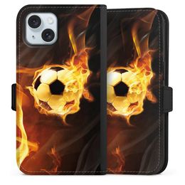 DeinDesign iPhone 15 Handy Klapph&uuml;lle Handyh&uuml;lle aus Kunst Leder schwarz Flip Case Soccer Ball Fire Sideflip mit Lasche