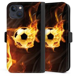 DeinDesign iPhone 13 Handy Klapph&uuml;lle Handyh&uuml;lle aus Kunst Leder schwarz Flip Case Soccer Ball Fire Sideflip mit Lasche