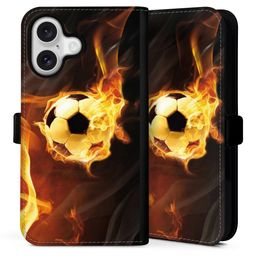 DeinDesign iPhone 16 Handy Klapph&uuml;lle Handyh&uuml;lle aus Kunst Leder schwarz Flip Case Soccer Ball Fire Sideflip mit Lasche