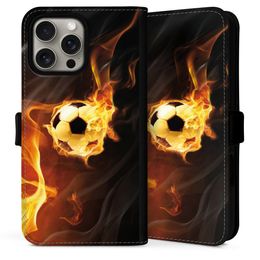 DeinDesign iPhone 16 Pro Handy Klapph&uuml;lle Handyh&uuml;lle aus Kunst Leder schwarz Flip Case Soccer Ball Fire Sideflip mit Lasche