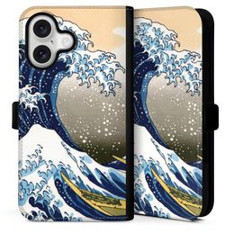 DeinDesign iPhone 16 Handy Klapph&uuml;lle Handyh&uuml;lle aus Kunst Leder schwarz Flip Case Katsushika Hokusai Die Gro&szlig;e Welle Vor Kanagawa Kunst Sideflip mit Lasche