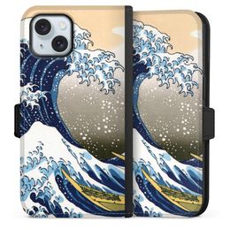 DeinDesign iPhone 15 Handy Klapph&uuml;lle Handyh&uuml;lle aus Kunst Leder schwarz Flip Case Katsushika Hokusai Die Gro&szlig;e Welle Vor Kanagawa Kunst Sideflip mit Lasche