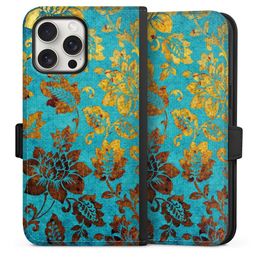 DeinDesign iPhone 15 Pro Max Handy Klapph&uuml;lle Handyh&uuml;lle aus Kunst Leder schwarz Flip Case Flowers Vintage Ornament Sideflip mit Lasche