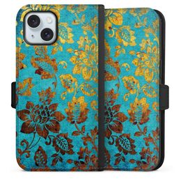DeinDesign iPhone 15 Handy Klapph&uuml;lle Handyh&uuml;lle aus Kunst Leder schwarz Flip Case Flowers Vintage Ornament Sideflip mit Lasche