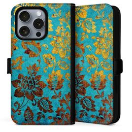 DeinDesign iPhone 16 Pro Max Handy Klapph&uuml;lle Handyh&uuml;lle aus Kunst Leder schwarz Flip Case Flowers Vintage Ornament Sideflip mit Lasche