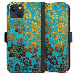 DeinDesign iPhone 13 Handy Klapph&uuml;lle Handyh&uuml;lle aus Kunst Leder schwarz Flip Case Flowers Vintage Ornament Sideflip mit Lasche