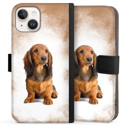 DeinDesign iPhone 14 Handy Klapph&uuml;lle Handyh&uuml;lle aus Kunst Leder schwarz Flip Case Pet Dachshund Dog Sideflip mit Lasche