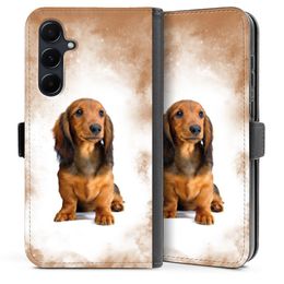 DeinDesign Galaxy A35 5G Handy Klapph&uuml;lle Handyh&uuml;lle aus Kunst Leder schwarz Flip Case Pet Dachshund Dog Sideflip mit Lasche