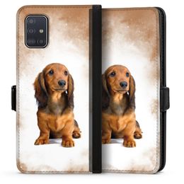 DeinDesign Galaxy A51 Handy Klapph&uuml;lle Handyh&uuml;lle aus Kunst Leder schwarz Flip Case Pet Dachshund Dog Sideflip mit Lasche