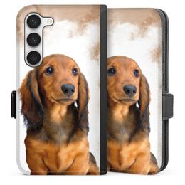 DeinDesign Galaxy S23 Handy Klapph&uuml;lle Handyh&uuml;lle aus Kunst Leder schwarz Flip Case Pet Dachshund Dog Sideflip mit Lasche