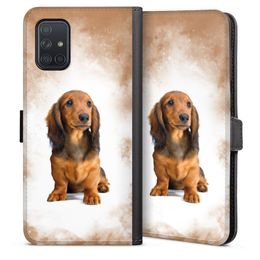 DeinDesign Galaxy A71 Handy Klapph&uuml;lle Handyh&uuml;lle aus Kunst Leder schwarz Flip Case Pet Dachshund Dog Sideflip mit Lasche