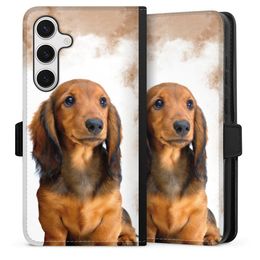 DeinDesign Galaxy S24+ Handy Klapph&uuml;lle Handyh&uuml;lle aus Kunst Leder schwarz Flip Case Pet Dachshund Dog Sideflip mit Lasche