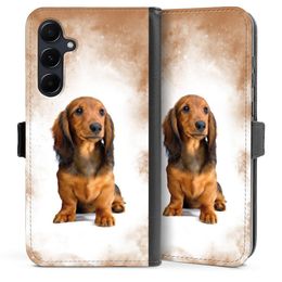 DeinDesign Galaxy A55 5G Handy Klapph&uuml;lle Handyh&uuml;lle aus Kunst Leder schwarz Flip Case Pet Dachshund Dog Sideflip mit Lasche