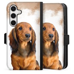 DeinDesign Galaxy S24 Handy Klapph&uuml;lle Handyh&uuml;lle aus Kunst Leder schwarz Flip Case Pet Dachshund Dog Sideflip mit Lasche