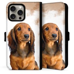 DeinDesign iPhone 16 Pro Handy Klapph&uuml;lle Handyh&uuml;lle aus Kunst Leder schwarz Flip Case Pet Dachshund Dog Sideflip mit Lasche