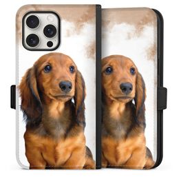 DeinDesign iPhone 15 Pro Max Handy Klapph&uuml;lle Handyh&uuml;lle aus Kunst Leder schwarz Flip Case Pet Dachshund Dog Sideflip mit Lasche