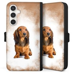DeinDesign Galaxy S24 FE 5G Handy Klapph&uuml;lle Handyh&uuml;lle aus Kunst Leder schwarz Flip Case Pet Dachshund Dog Sideflip mit Lasche