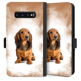 DeinDesign Galaxy S10 Plus Handy Klapph&uuml;lle Handyh&uuml;lle aus Kunst Leder schwarz Flip Case Pet Dachshund Dog Sideflip mit Lasche