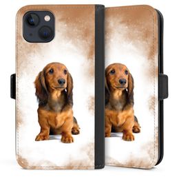 DeinDesign iPhone 13 Handy Klapph&uuml;lle Handyh&uuml;lle aus Kunst Leder schwarz Flip Case Pet Dachshund Dog Sideflip mit Lasche