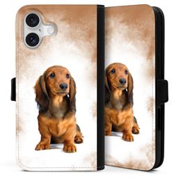 DeinDesign iPhone 16 Plus Handy Klapph&uuml;lle Handyh&uuml;lle aus Kunst Leder schwarz Flip Case Pet Dachshund Dog Sideflip mit Lasche