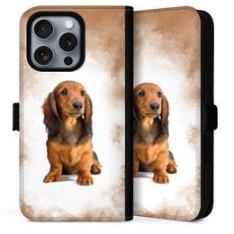 DeinDesign iPhone 16 Pro Max Handy Klapph&uuml;lle Handyh&uuml;lle aus Kunst Leder schwarz Flip Case Pet Dachshund Dog Sideflip mit Lasche