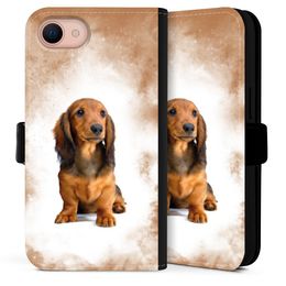 DeinDesign iPhone 16e Handy Klapph&uuml;lle Handyh&uuml;lle aus Kunst Leder schwarz Flip Case Pet Dachshund Dog Sideflip mit Lasche