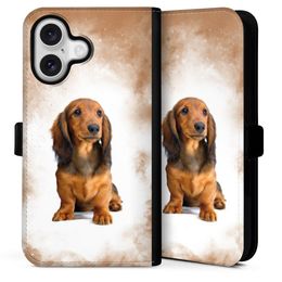 DeinDesign iPhone 16 Handy Klapph&uuml;lle Handyh&uuml;lle aus Kunst Leder schwarz Flip Case Pet Dachshund Dog Sideflip mit Lasche